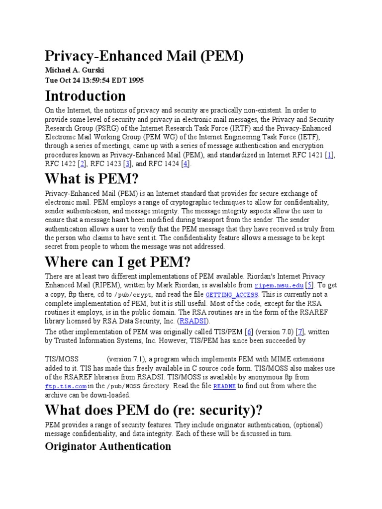 Privacy-Enhanced Mail (PEM) : Originator Authentication | PDF | Public Key Cryptography ...