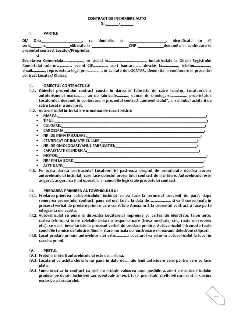 Contract Inchiriere Auto | PDF