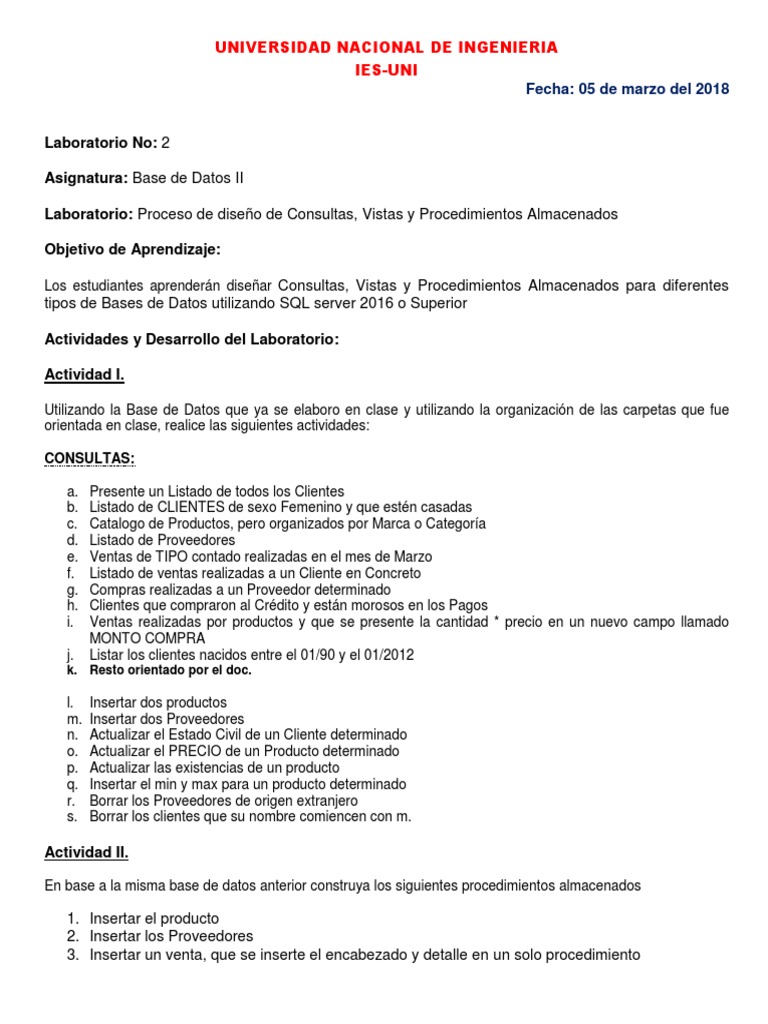 Laboratorios 2 BD II | PDF | SQL | Bases de datos