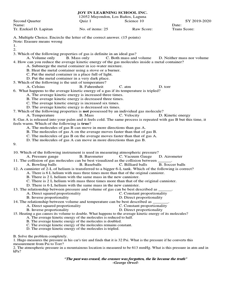 Grade 10 Chemistry Quiz on Gases | PDF | Gases | Temperature