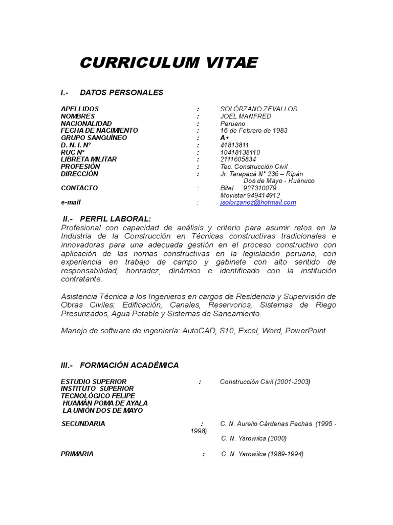 Curriculum Vitae Joel | PDF | Perú | Administracion del Agua