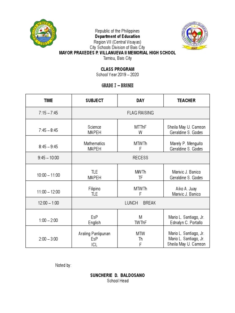 JHS Class Program Per Section | PDF