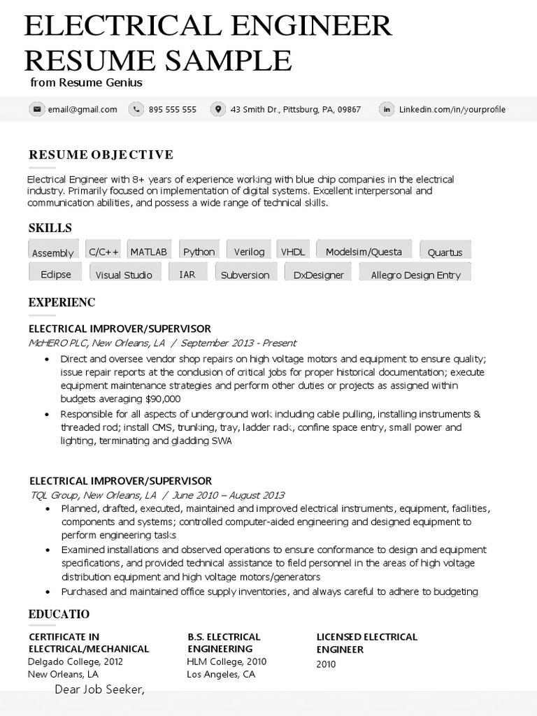 Electrical Engineer Resume Sample Advanced Original PDF Electrical Engineering Engineering