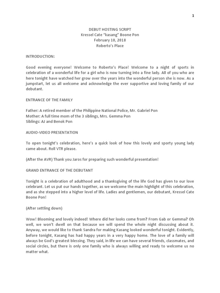 Debut Hosting Script Pdf Birthdays