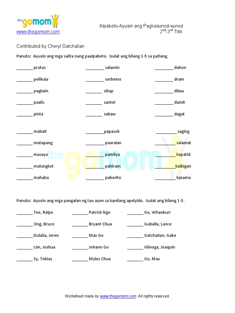 Alpabeto Ayusin Ang Pagkasunod Sunod 2nd and 3rd Titik | PDF