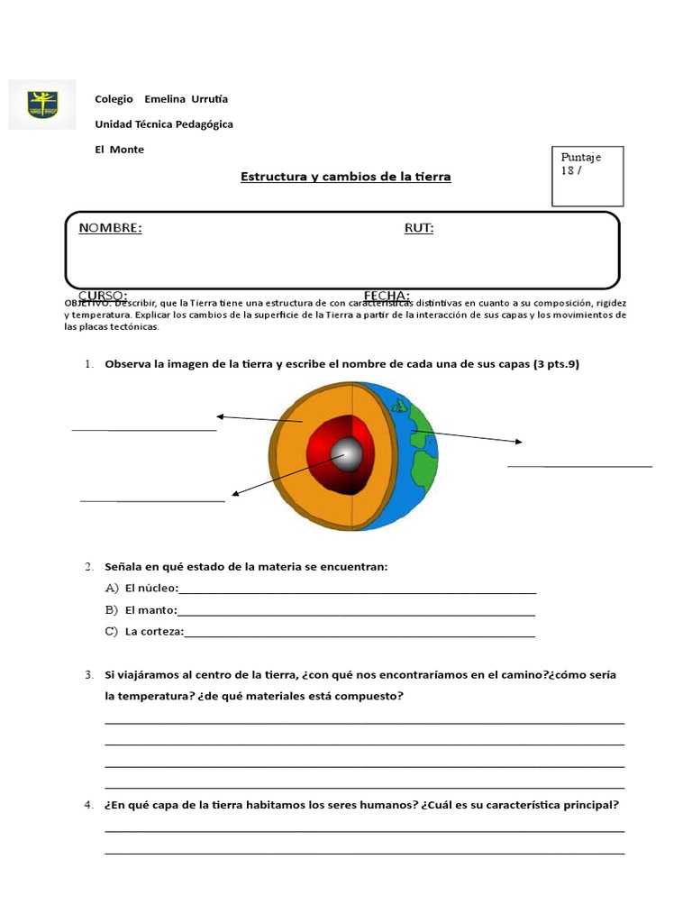 PRUEBA de CIENCIAS NATURALES Estructura y Cambios de La Tierra | PDF ...