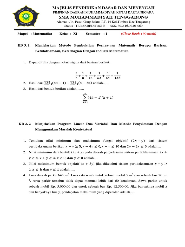SOAL MTK PH Kls XI | PDF