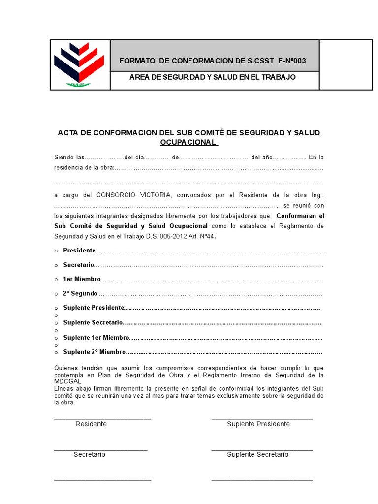 F-Nº003 Formato Acta de Conformacion de SCSST - Ok | PDF | Gobierno