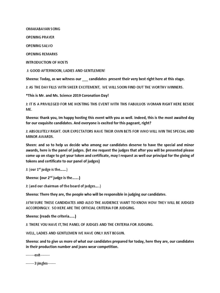 Host Script For Day Pageant | PDF