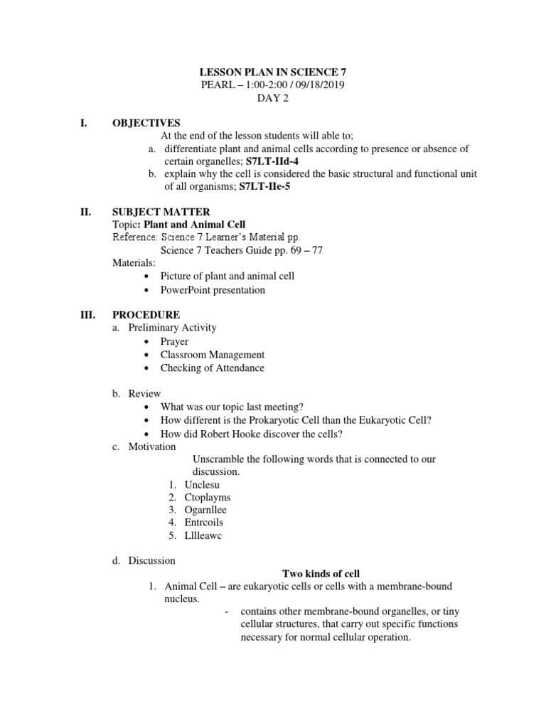 Lesson Plan in Science 7 Plant and Animal Cell d2 | PDF | Eukaryotes ...