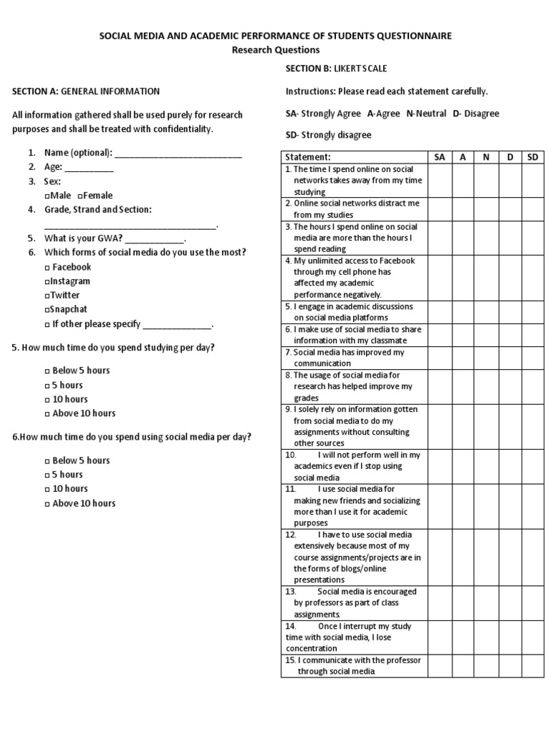 Social Media and Academic Performance of Students Questionnaire ...