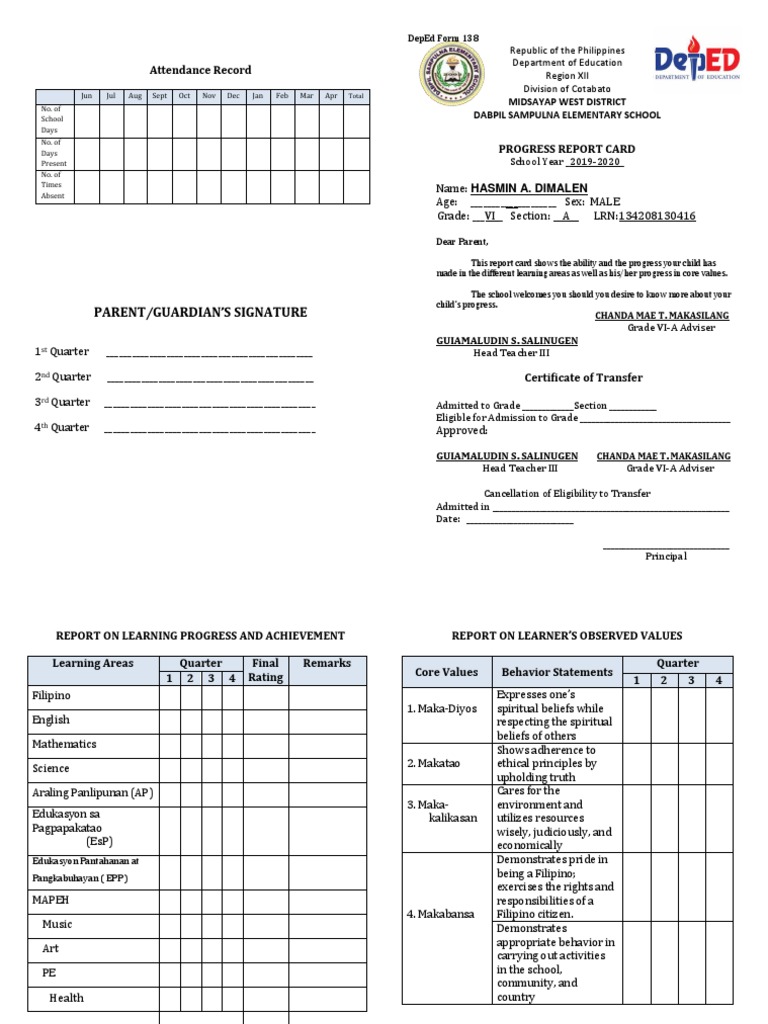Form 138-REPORT CARD GR. 6 | PDF | Learning | Behavior Modification