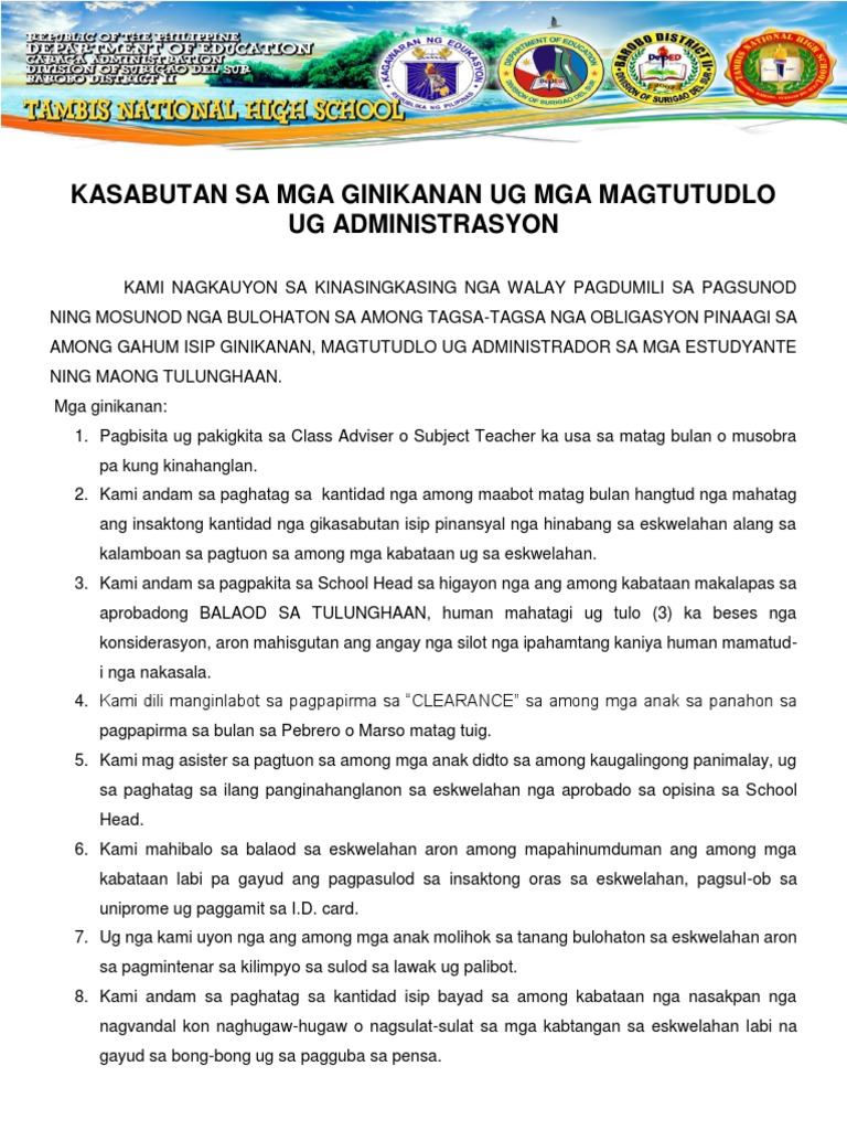 Kasabutan Sa Mga Ginikanan 2019 - 2020 | PDF