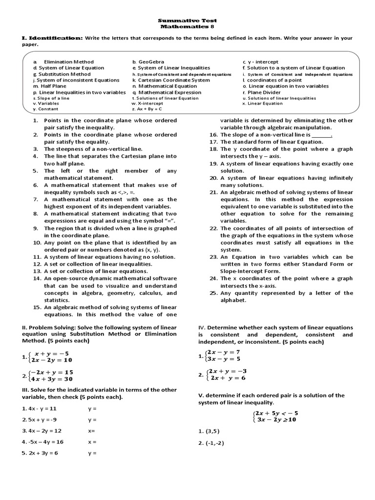 Summative Test in Math | PDF | Equations | Line (Geometry)