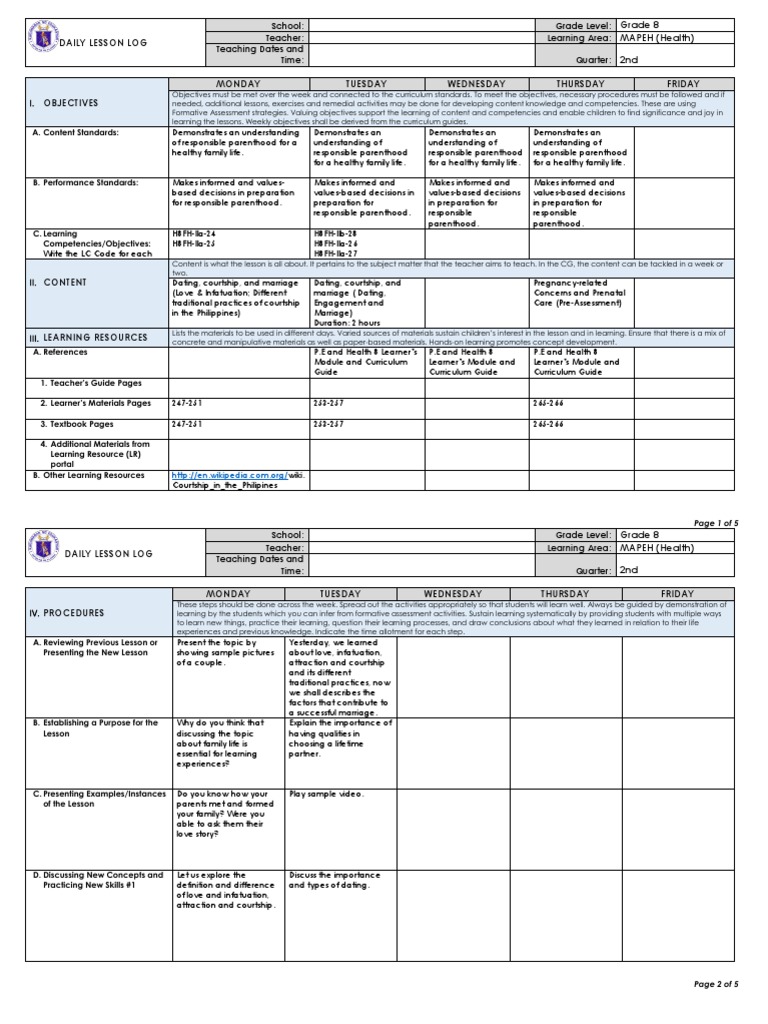 Daily Lesson Log Grade 8 MAPEH (Health) 2nd Monday Tuesday Wednesday ...