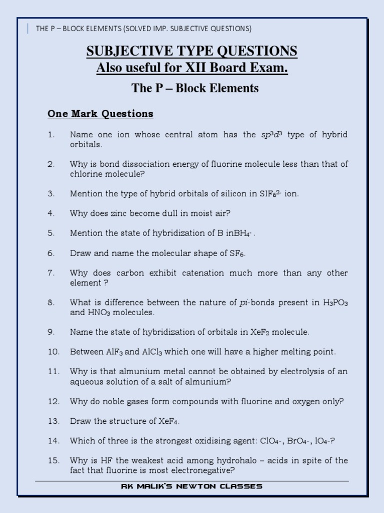 Subjective Type Questions Also Useful For XII Board Exam.: The P ...