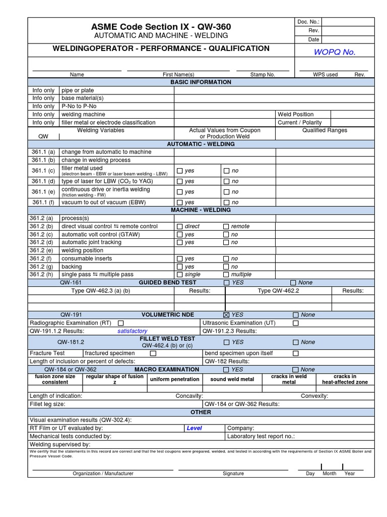 Wopq Format Asme Qw-360 | PDF | Welding | Construction