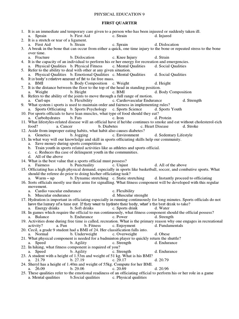 Physical Education 9 Test | PDF | Obesity | Physical Fitness