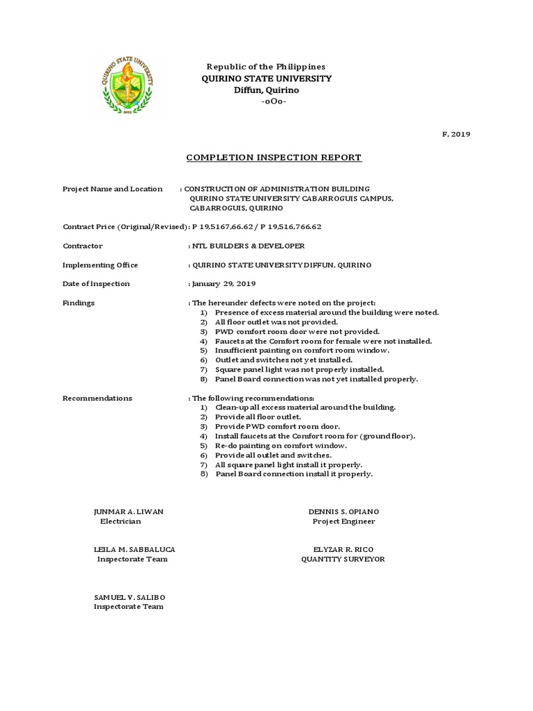Completion Inspection Report: Republic of The Philippines Quirino State ...