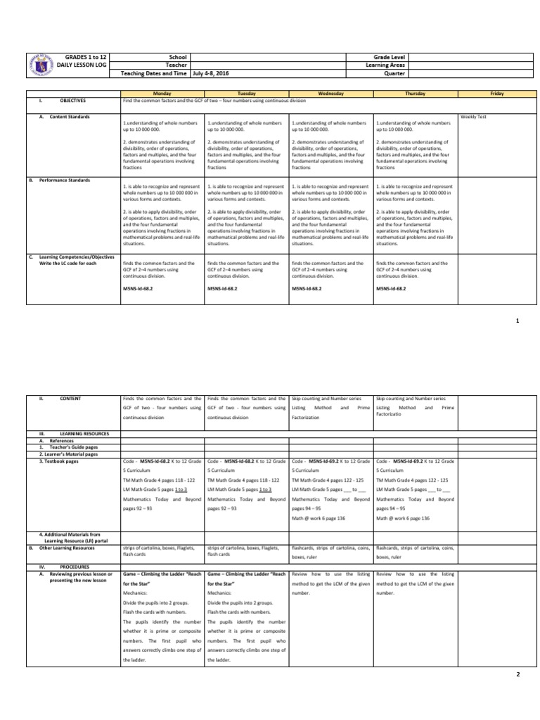 GRADE 5 Mathematics DLL Whole Year Grade 5 | PDF | Teaching Mathematics | Behavior Modification