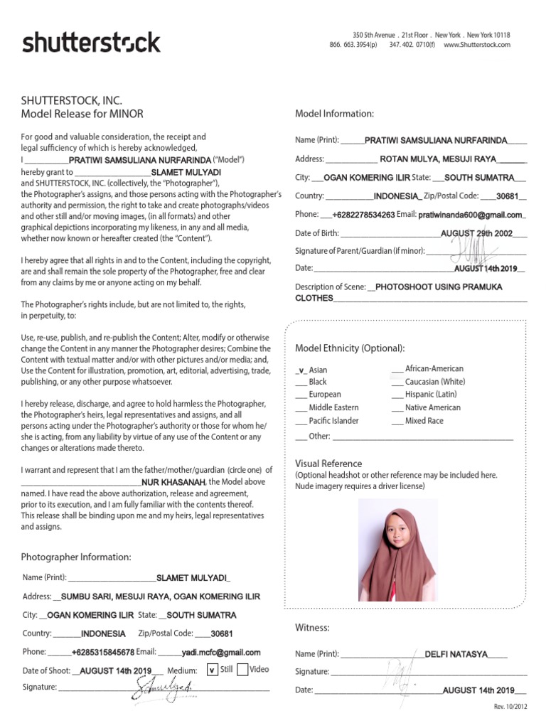 Contoh Minor Model Release Untuk Shutterstock | PDF