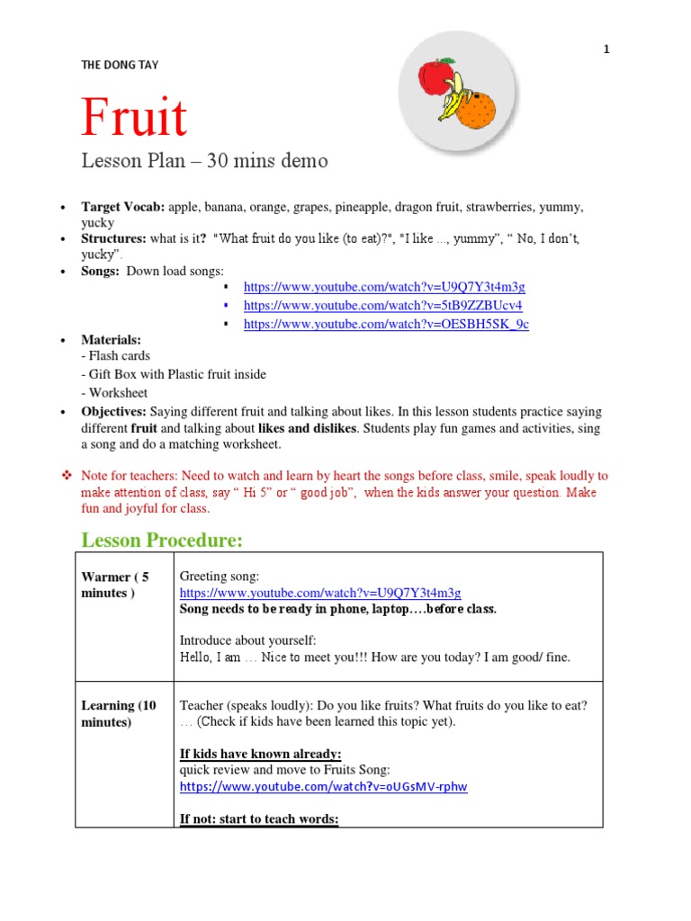 Kindergarten Fruits Lesson Plan | PDF | Lesson Plan