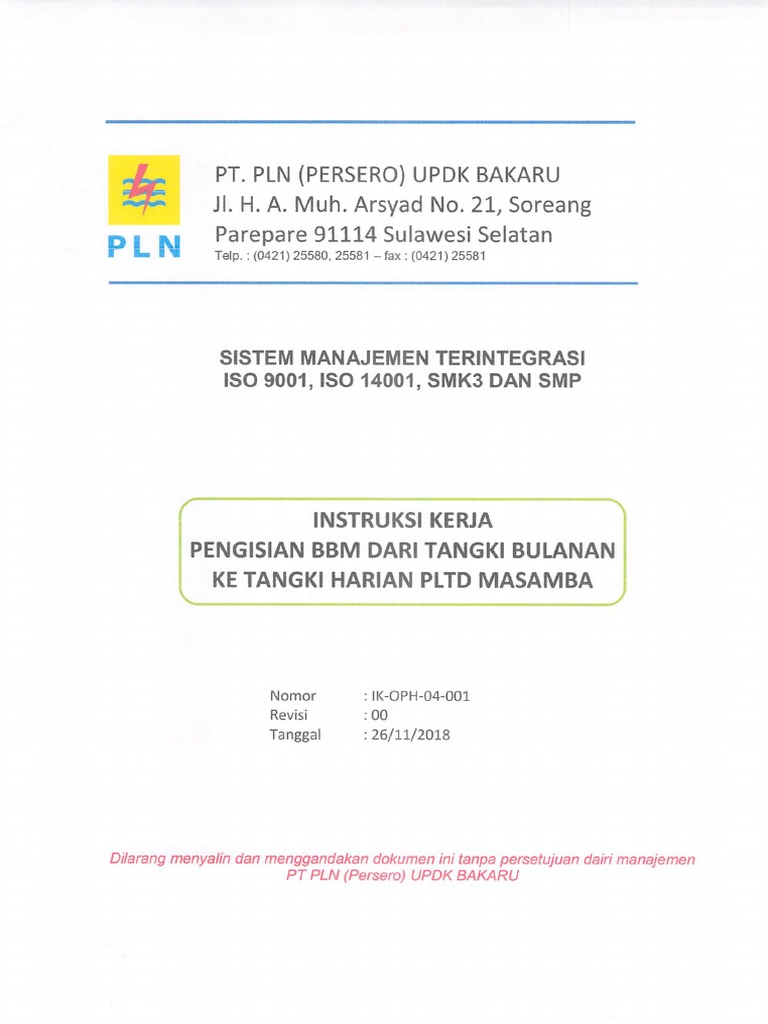 Instruksi Kerja Pengisian BBM Dari Tangki Bulanan Ke Tangki Harian PLTD Masamba | PDF
