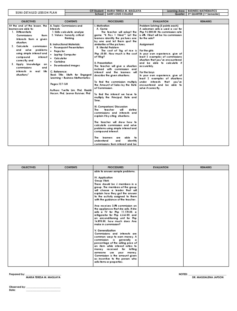 Semi Detailed Lesson Plan Business Math Pot Long | PDF | Lesson Plan ...