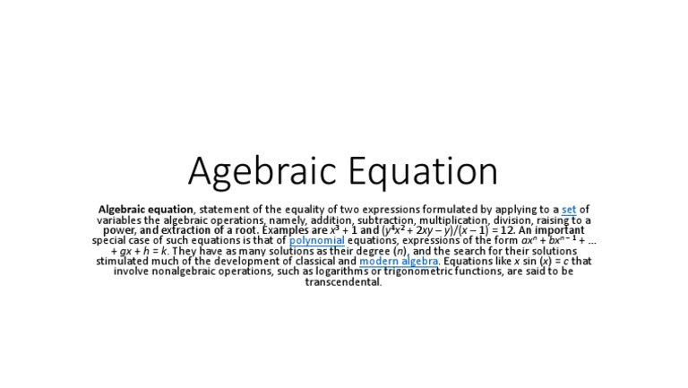 Agebraic Equation: Algebraic Equation, Statement of The Equality of Two ...