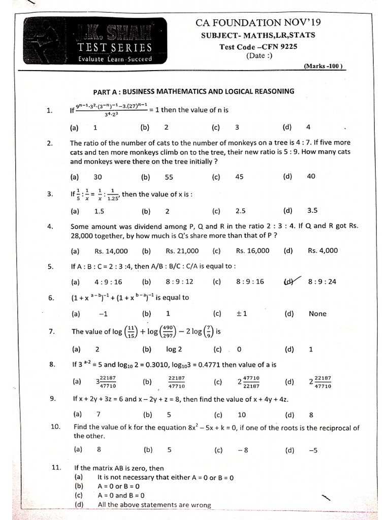 Maths, LR, Stats Question Paper JK Shah Cls | PDF