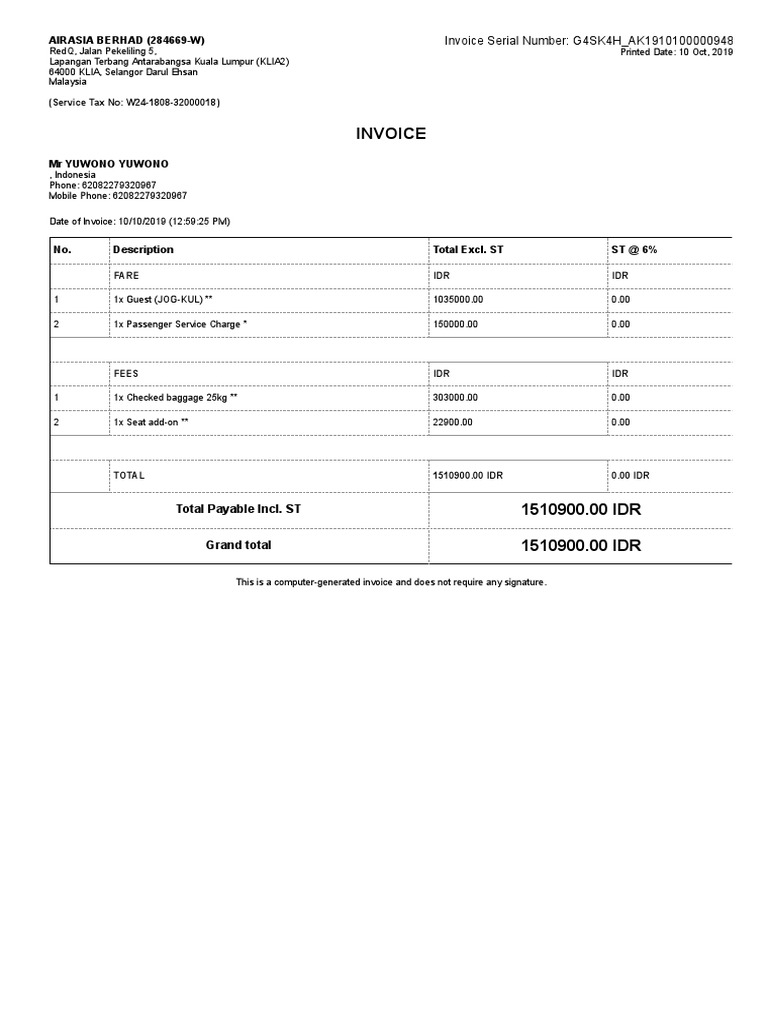 Invoice: AIRASIA BERHAD (284669-W) | PDF