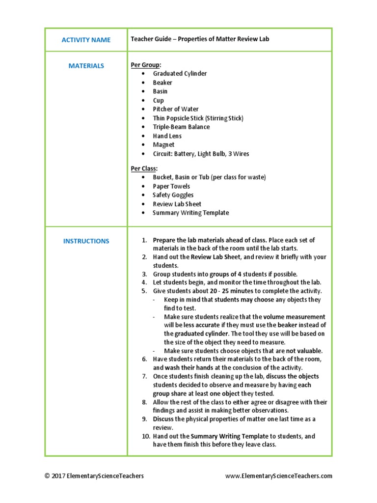 Activity Name: Teacher Guide - Properties of Matter Review Lab | PDF ...
