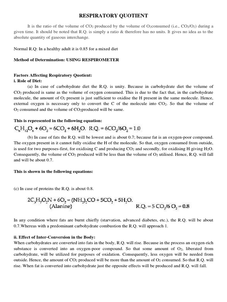Respiratory Quotient: Method of Determination: USING RESPIROMETER | PDF ...
