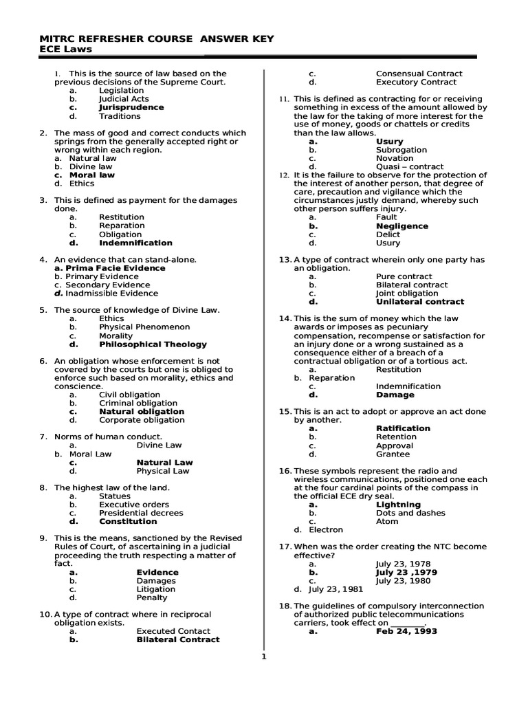 Mitrc Mitrc Refresher Refresher Course Course Answer Answer Key KEY ECE Laws ECE Laws | PDF ...