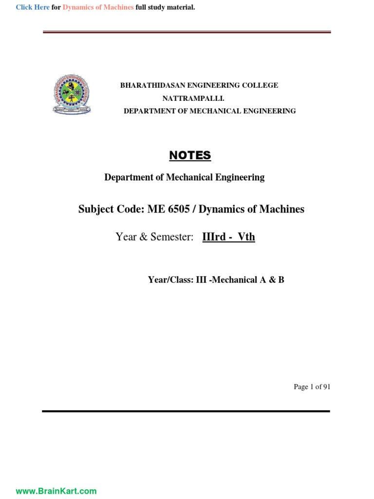 Dynamics of Machines Study Notes | PDF | Torque | Force