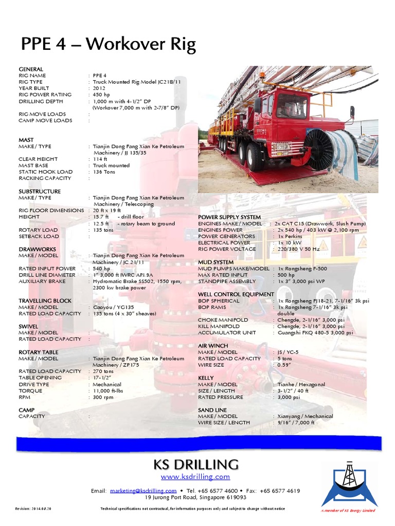 Short Specs - Workover Land Rig - PPE4 (450hp) - (Rev 20 Aug 14) | PDF ...