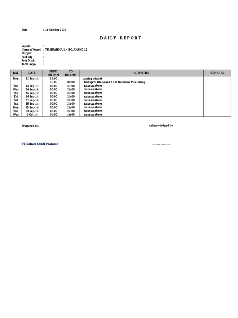 Daily Vessel Report: TB. Brahma 1 | PDF