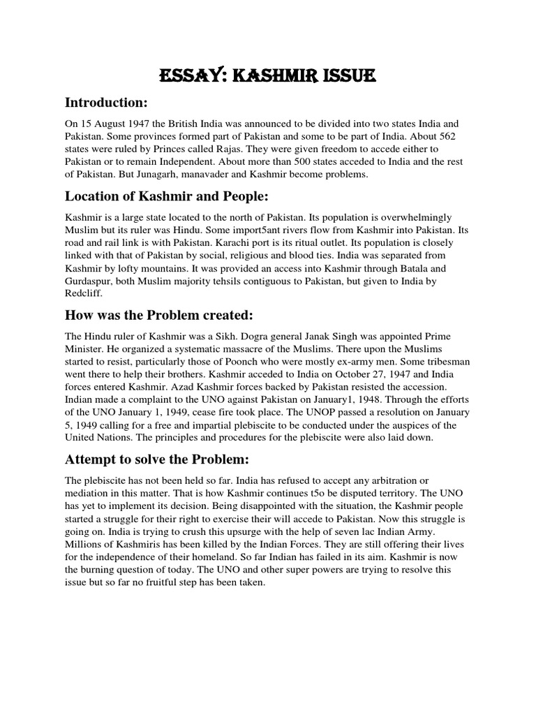 Essay: Kashmir Issue | PDF | Kashmir | Pakistan