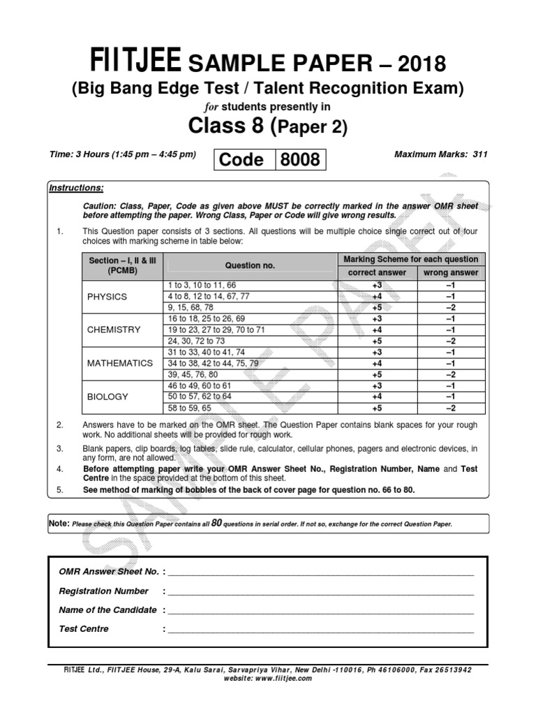 Fiitjee: Sample Paper | PDF | Force | Ammonia