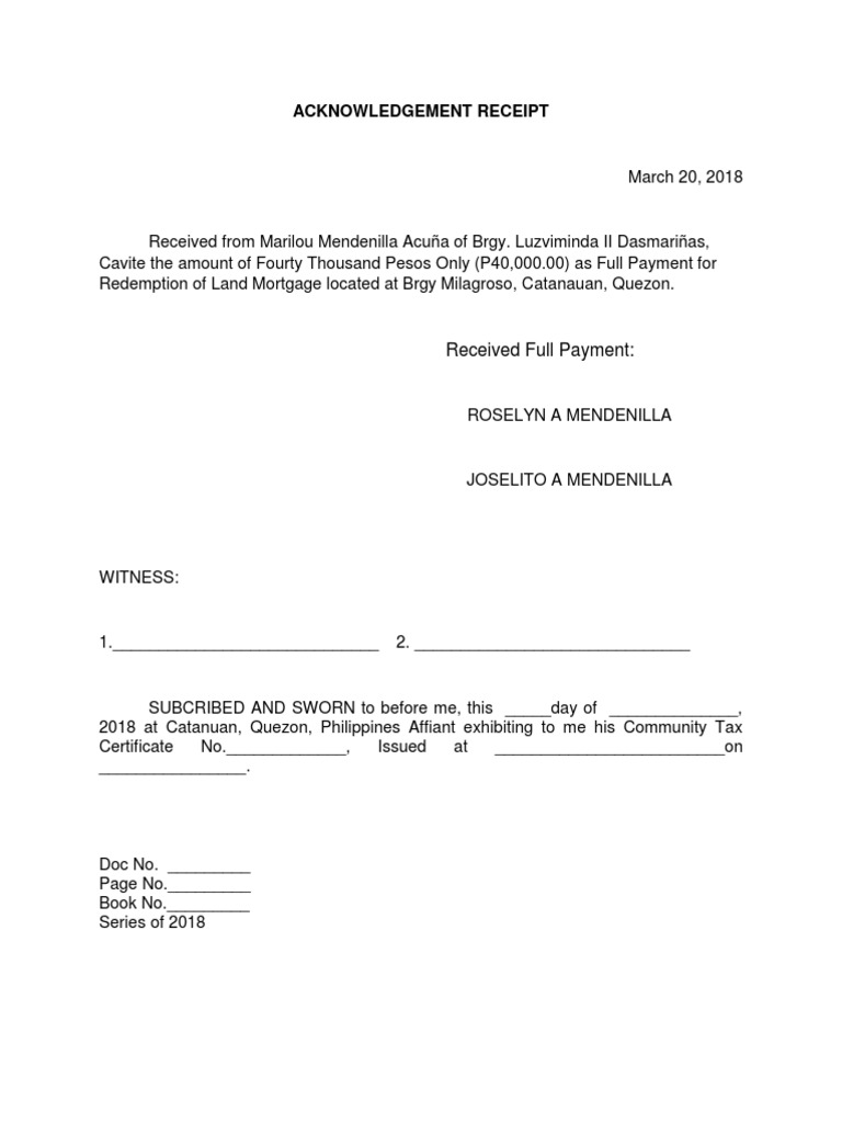 Acknowledgement Receipt: Received Full Payment | PDF
