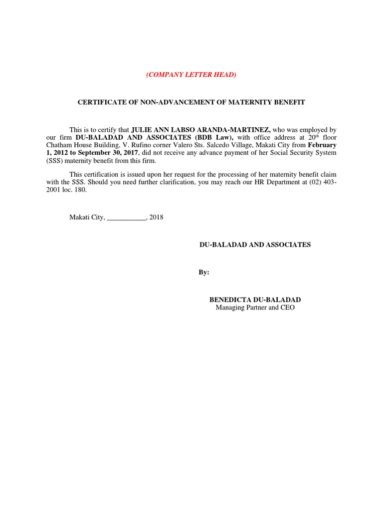Cert of Non-Advancement of Maternity Benefit | PDF | Finance & Money ...