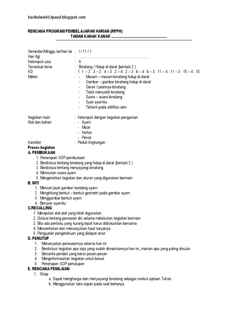 Contoh RPPH Paud Tema Binatang TK A-1 | PDF | Seni & Disiplin Bahasa ...