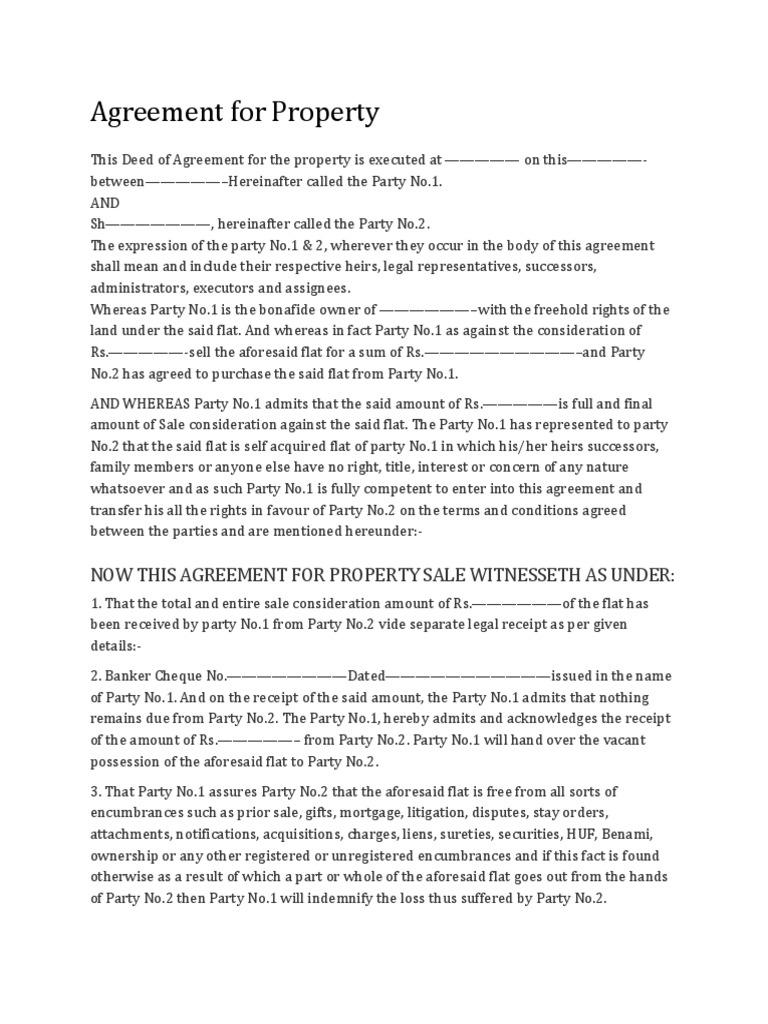 Agreement For Property | PDF | Deed | Business Law