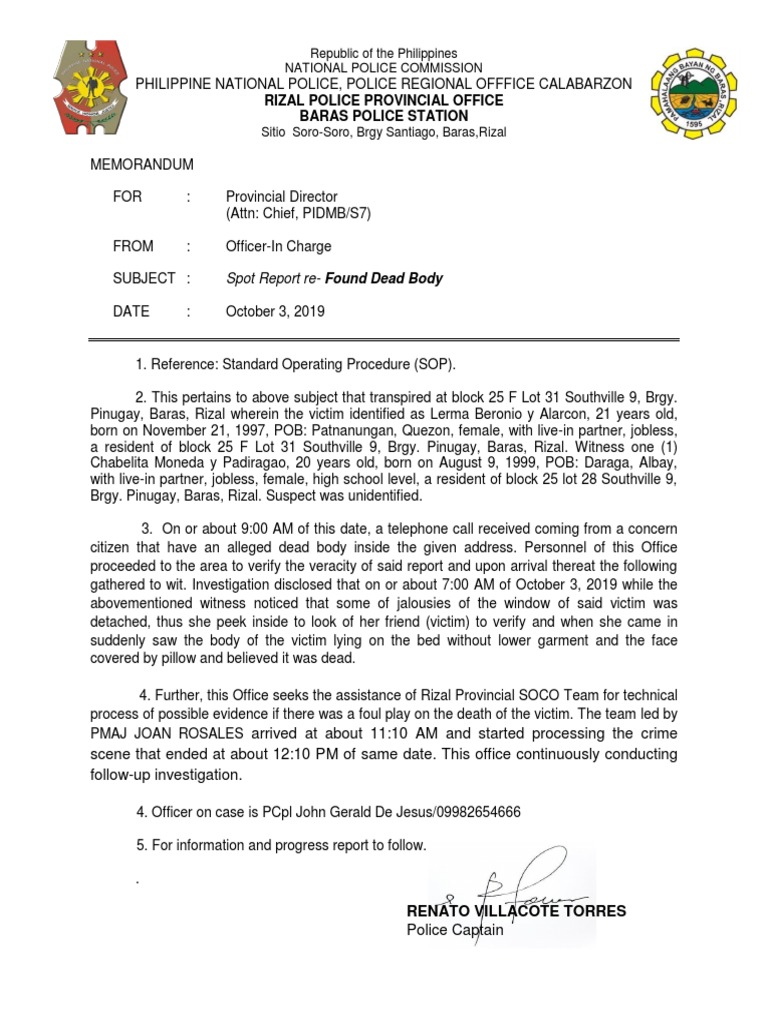 Spot Report Found Dead Body | PDF | Criminal Justice | Crime & Violence