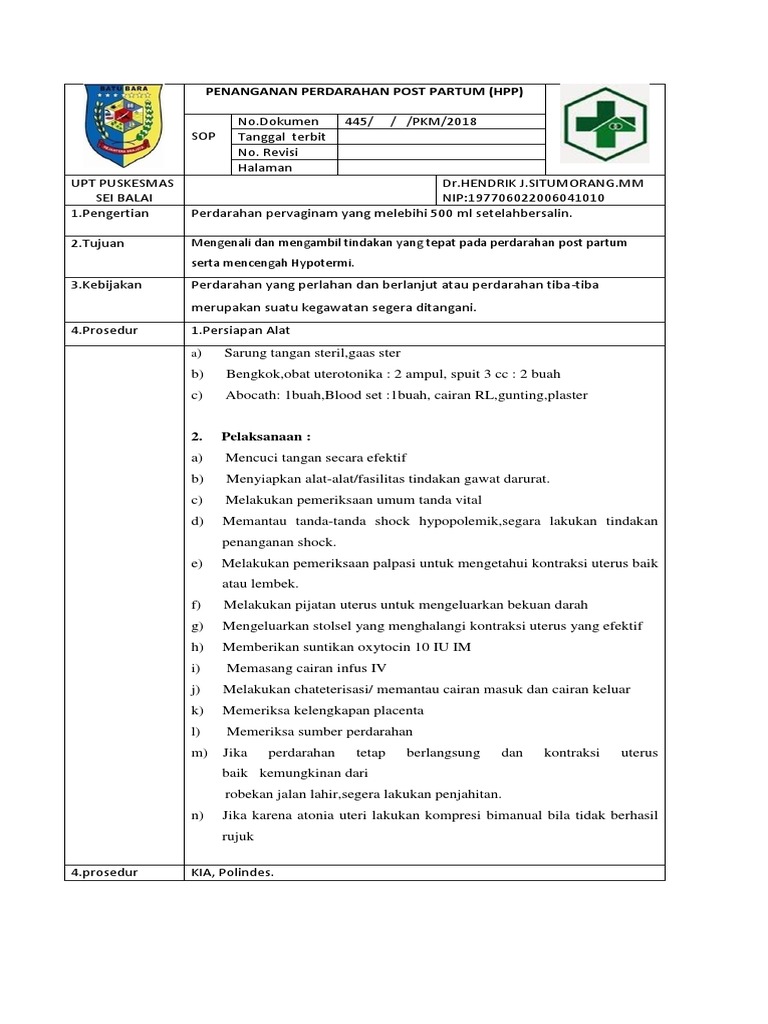 Sop Penaganan Perdarahan Post Pattum HPP | PDF | Ilmu Sosial