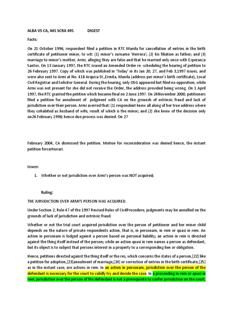 Birth Certificate Entry Cancellation Case | PDF | In Rem Jurisdiction ...