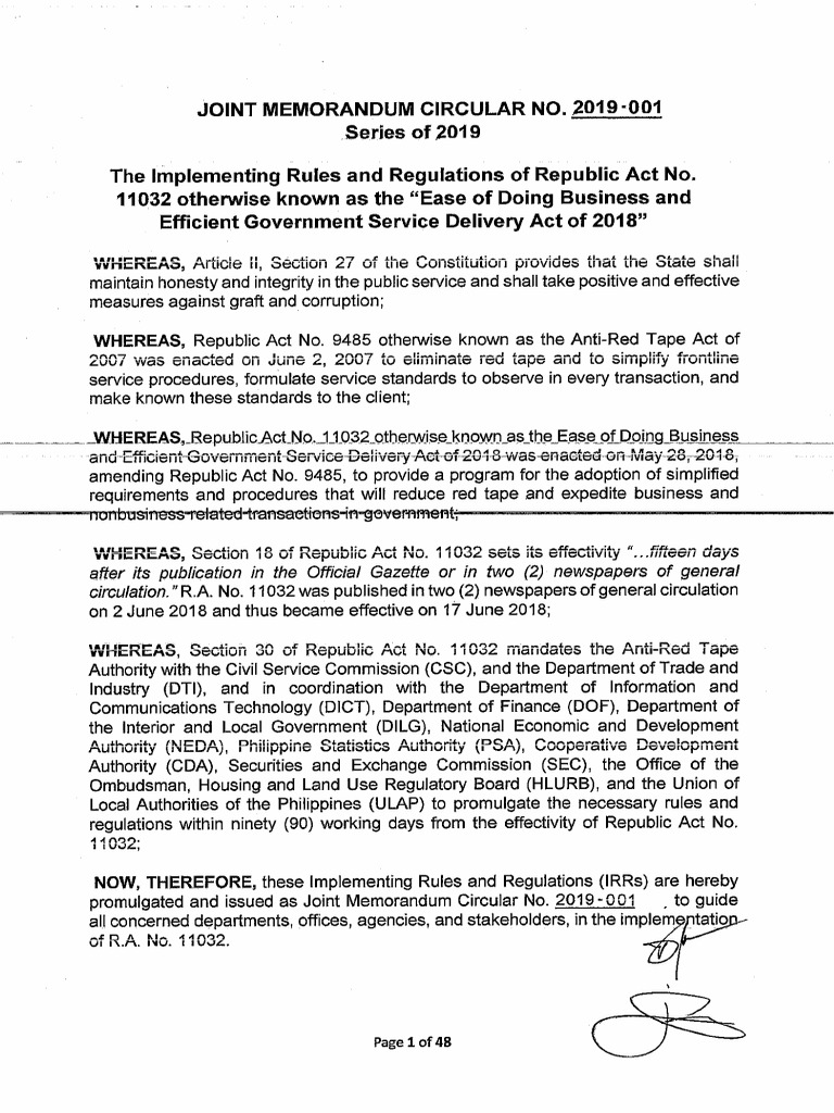 JMC2019-001 - Implementing Rules and Regulations of RA 11032 | PDF