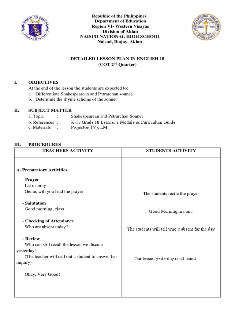 Detailed Lesson Plan in Sonnet | PDF | Sonnets | Poetry