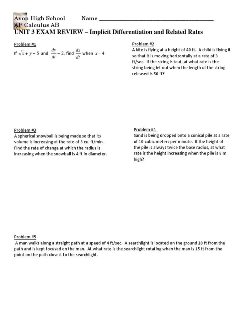 UNIT 3 EXAM REVIEW - Implicit Differentiation and Related Rates | PDF ...