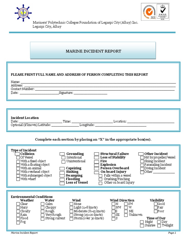 Template of Marine Incident Report | Ships | Boats